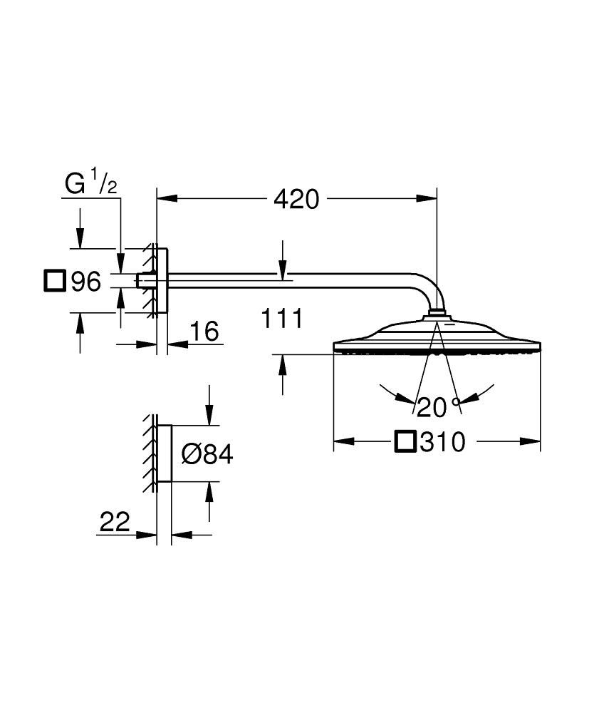 GROHE - Set de douche de tête avec bras 422 mm, 2 jets Rainshower ...