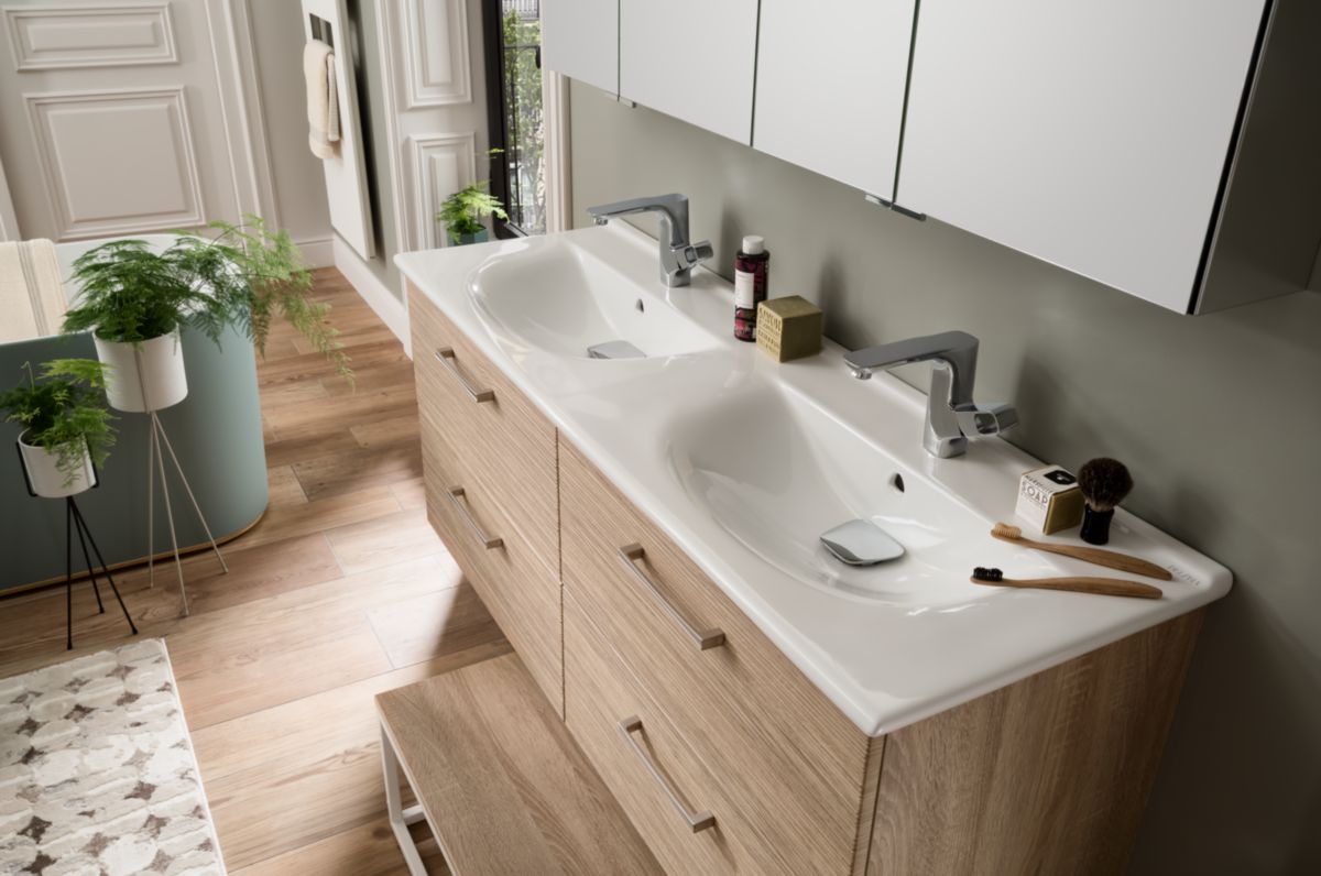 DELPHA - Ensemble Plan vasque Ceramique N avec cache bonde profondeur ...