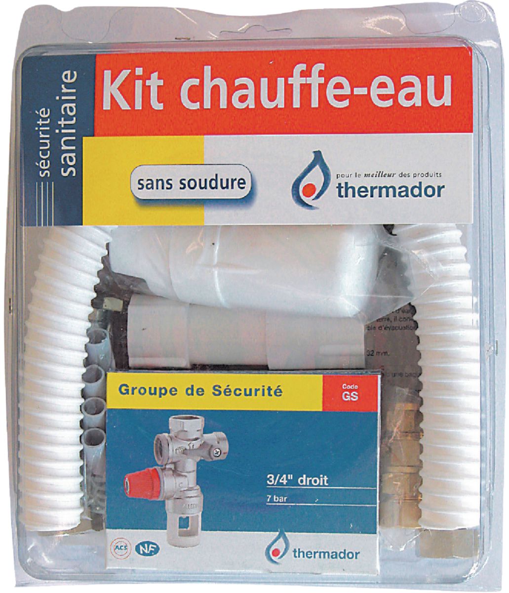 THERMADOR - Kit chauffe-eau complet (groupe sécurité, siphon, 2 flexibles inox, évacuation pvc ...