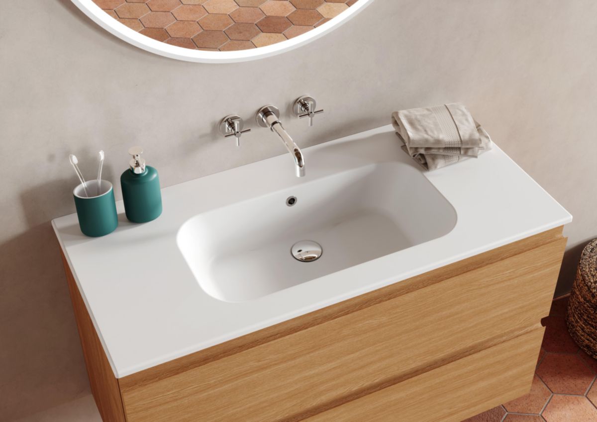 SANIJURA - Plan vasque intégrée céramique QUBO monovasque Halo largeur ...