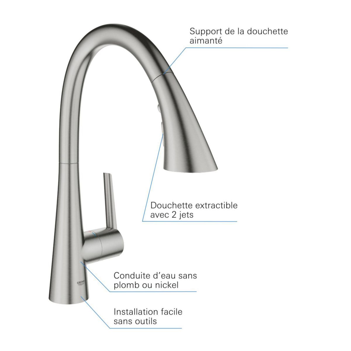 GROHE - Mitigeur monocommande Evier Zedra Supersteel Réf. 32294DC2 | Cedeo