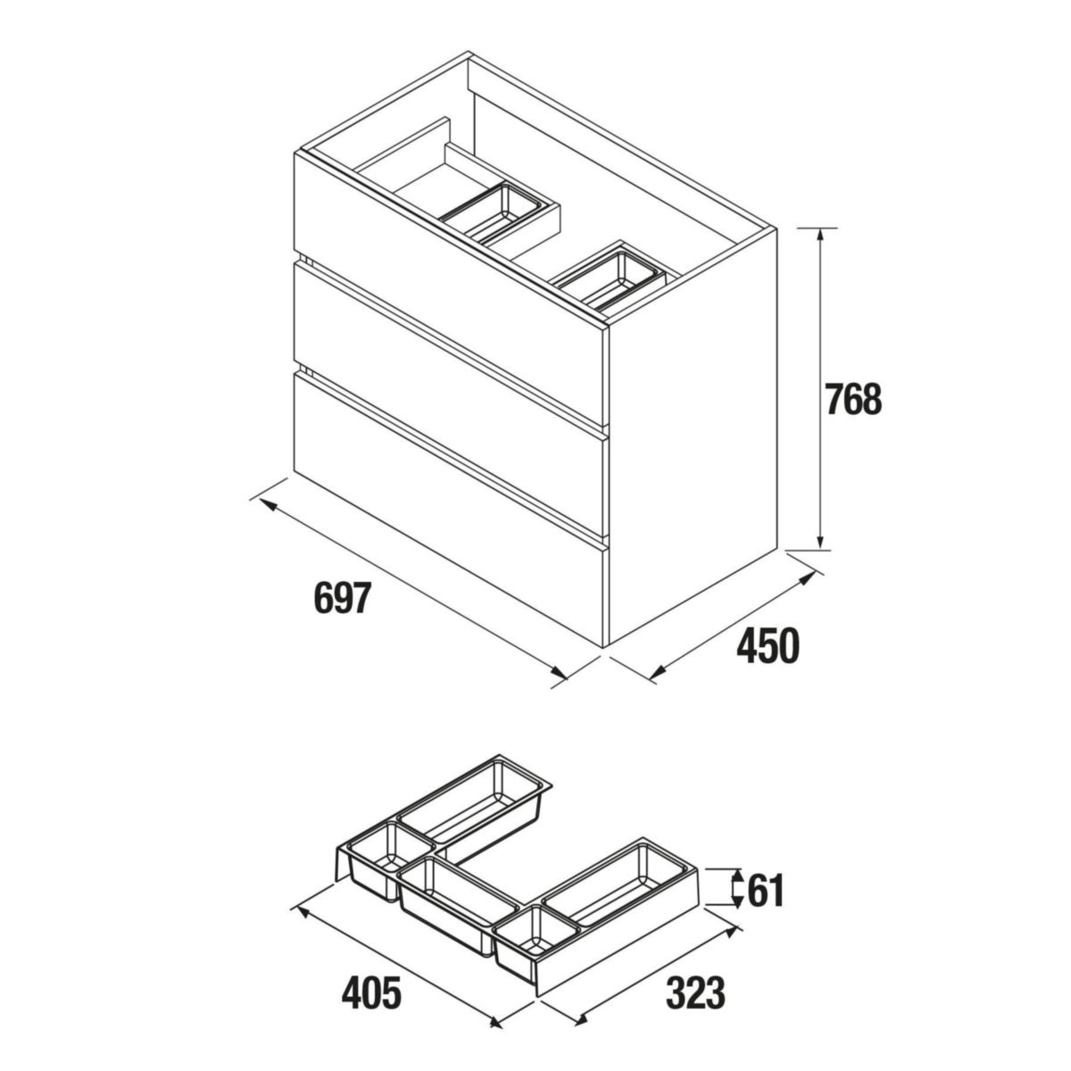 SALGAR - Meuble FUSSION LINE 700 3 tiroirs taupe brillant 697 x 868 x ...